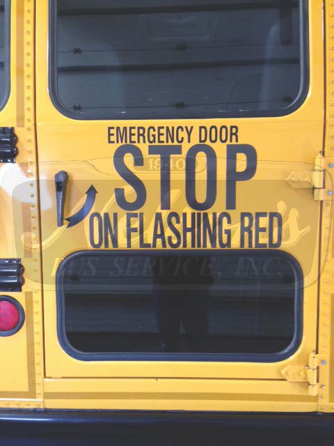 DECAL, "STOP ON FLASHING RED", FOR REAR EMERGENCY DOOR, REFLECTIVE BLACK